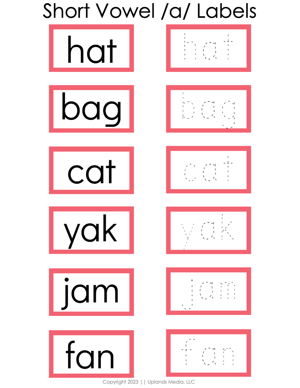 [Pink Series] Short Vowel Image to Word Label Match | Printables by ...