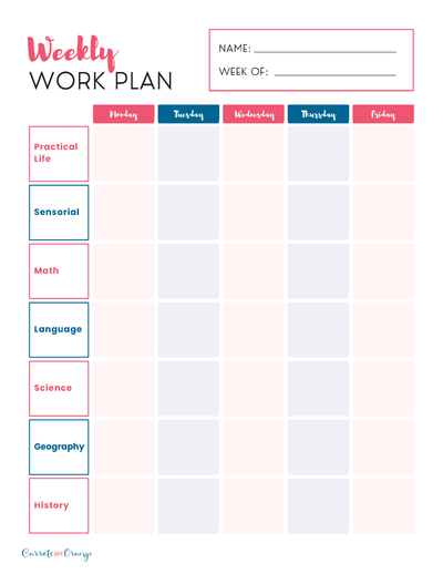Montessori Weekly Work Plan | Printables by Carrots Are Orange