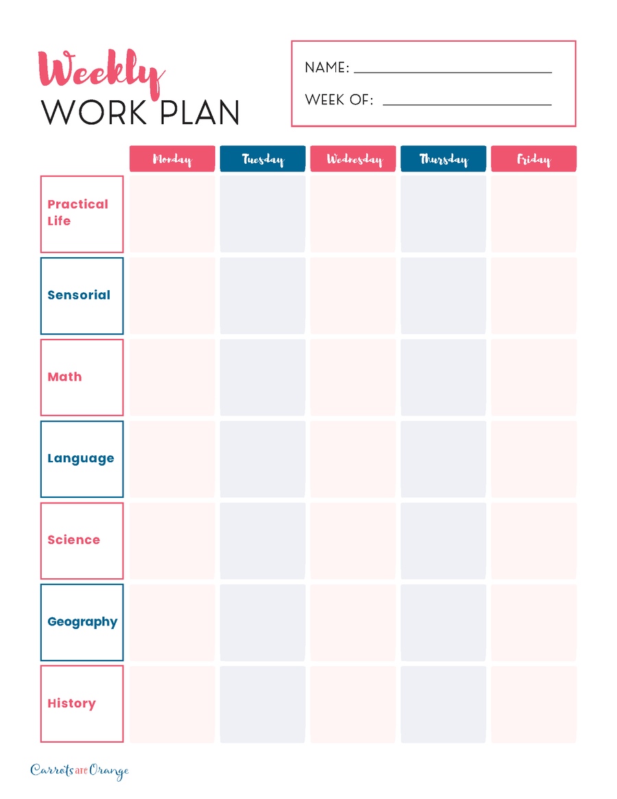 Montessori Weekly Work Plan | Printables by Carrots Are Orange